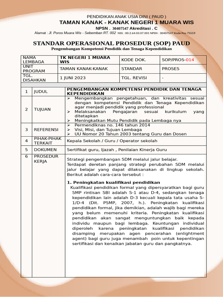 SOP Pengembangan Kompetensi PAUD | PDF