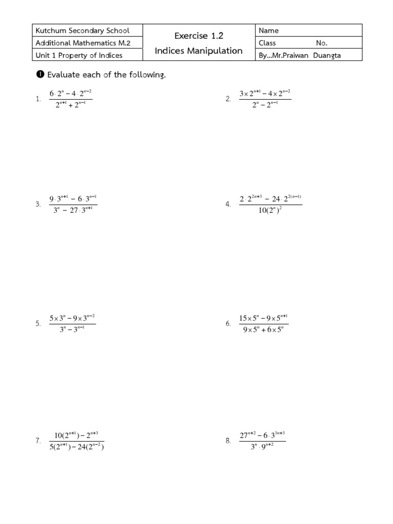 Indices Manipulation Exercises M.2 | PDF | Teaching Methods & Materials ...