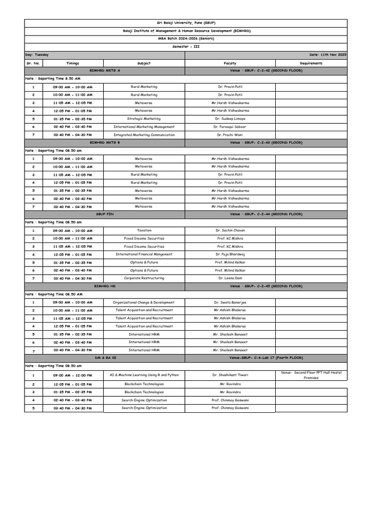 Revised BIMHRD Seniors Schedule Dated 11th Nov 2025 | PDF | Human ...