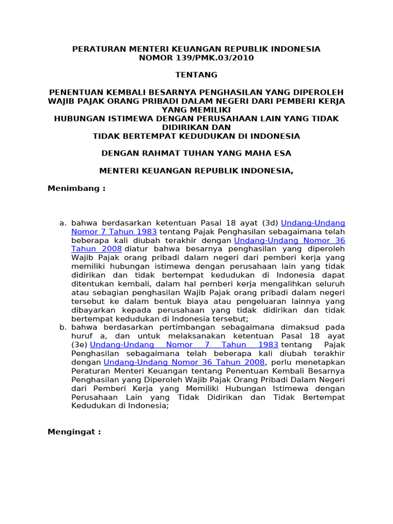PMK No 139 Tahun 2010 Perhitungan Kembali Penghasilan OP Hubungan Istimewa | PDF