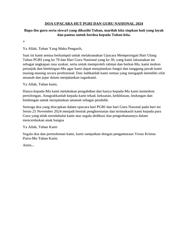 Doa Upacara Hut Pgri Dan Guru Nasional 2024 | PDF