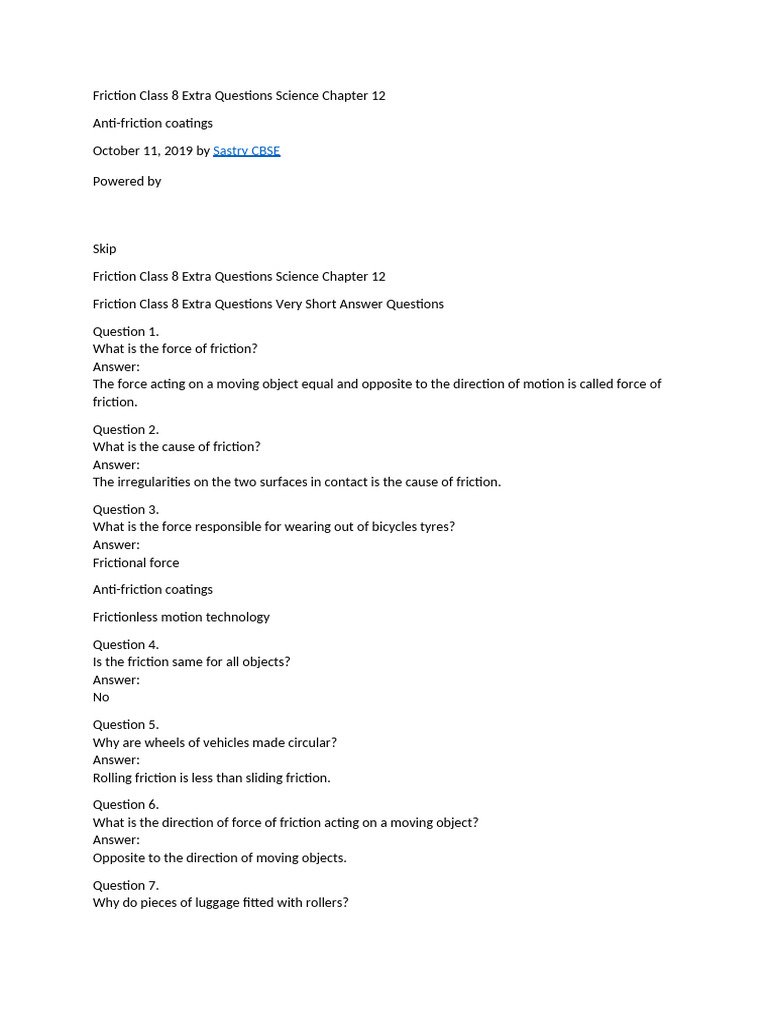Class 8 Friction Science Questions Guide | PDF | Friction | Mechanical ...