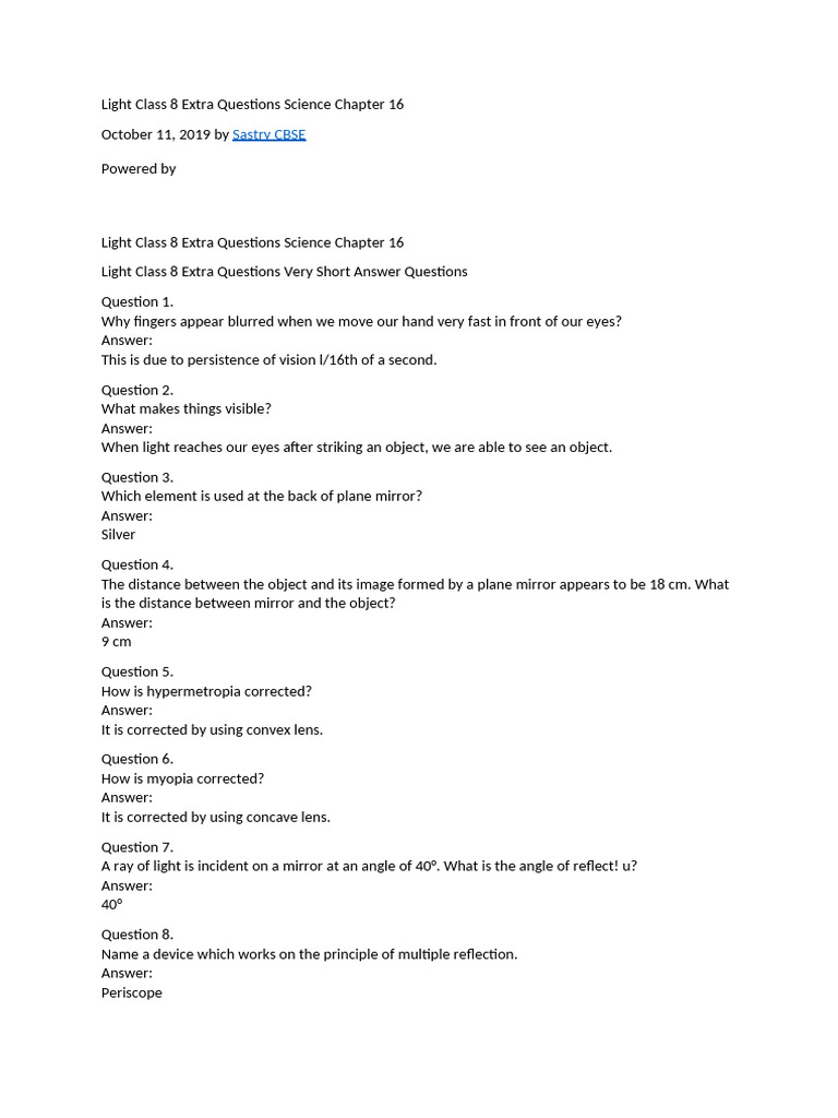 Light Class 8 Extra Questions Science Chapter 16 | PDF | Eye ...