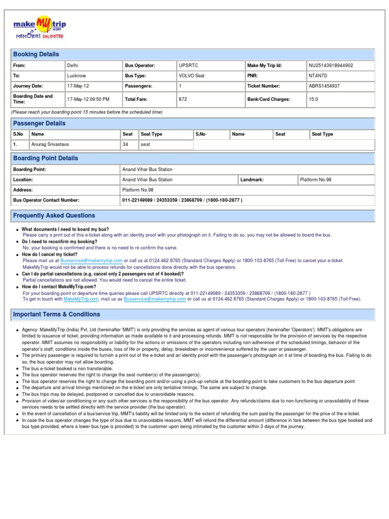 Make My Trip E Ticket Nu 25143918944902 | PDF | Bus | Ticket (Admission)