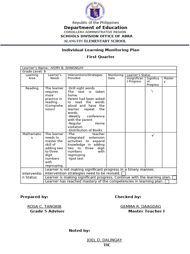Individual Learning Monitoring Plan 1st Quarter | PDF | Learning ...