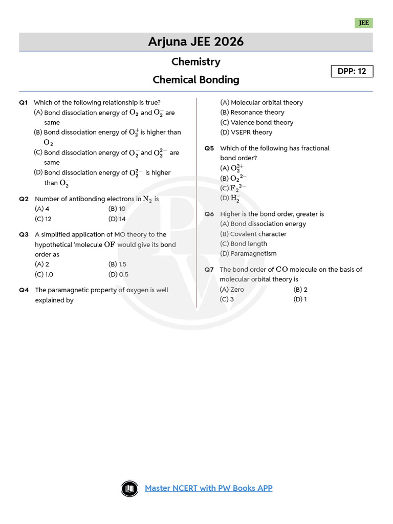 Chemical Bonding _ DPP 12 (of Lec 20) | PDF | Chemical Bond | Molecular Orbital