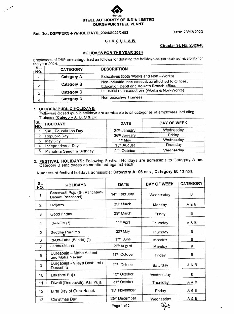 Holiday Circular 2024 | PDF