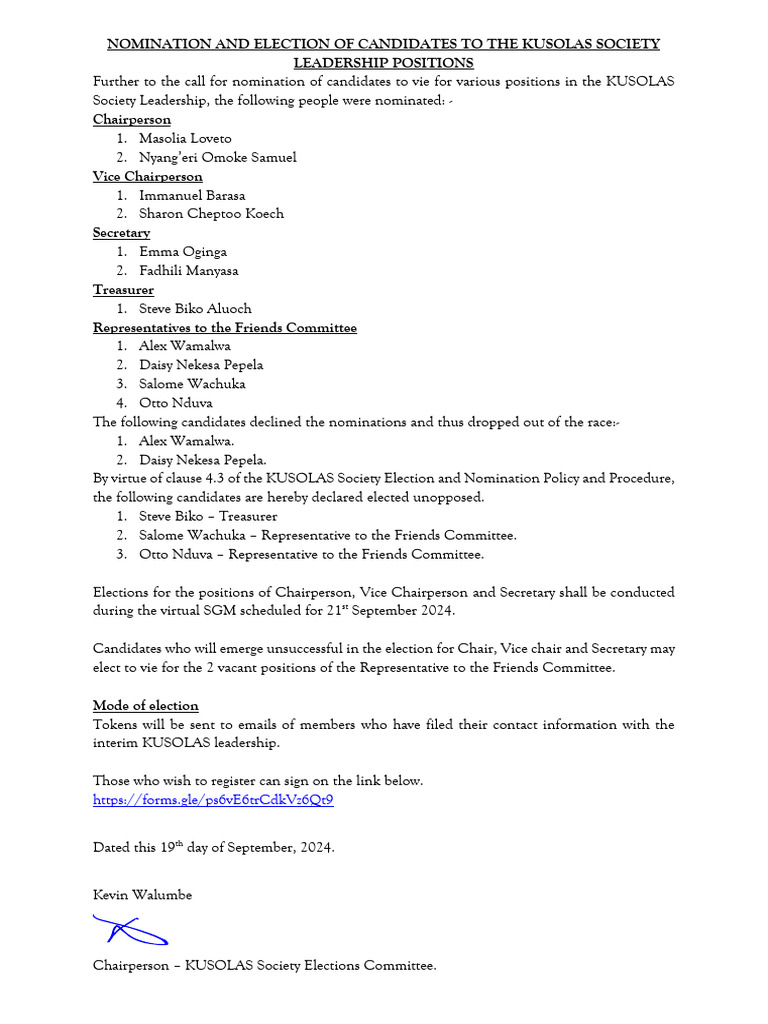 Nomination and Election of Candidates To The Kusolas Society Leadership ...