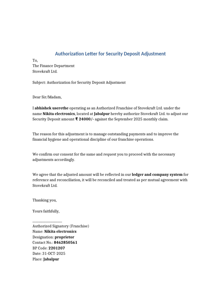 Security Deposit Adjustment Authorization Letter | PDF
