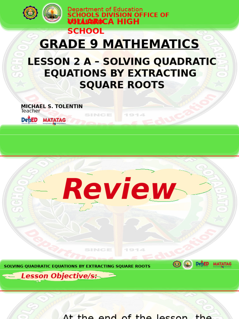Lesson 2a - Solving Quadratic Equations by Extracting Square Roots ...