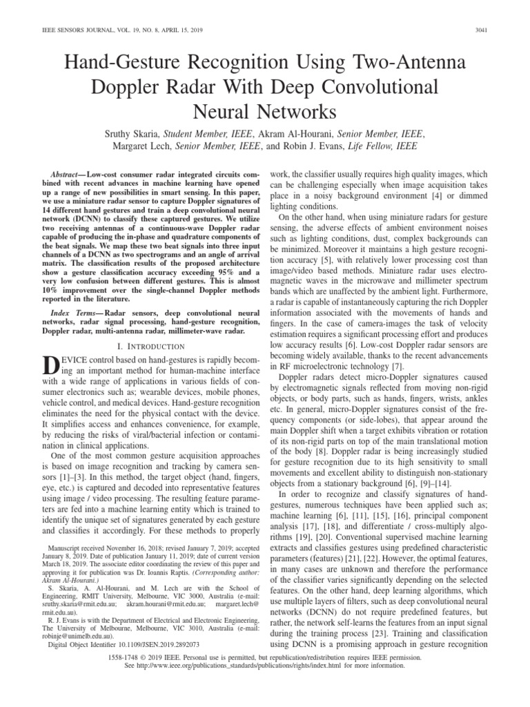 Hand-Gesture Recognition Using Two-Antenna Doppler Radar With Deep Convolutional Neural Networks ...