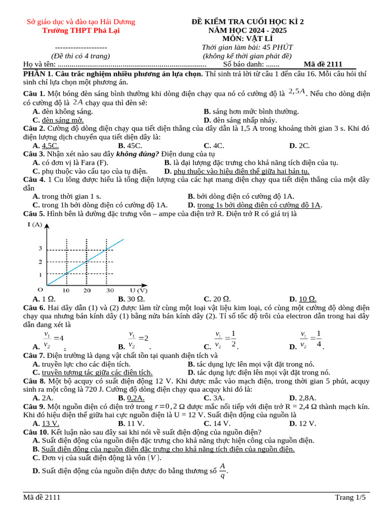 THPT Phả Lại- CK2- VL 11 - Hải Anh Trần | PDF