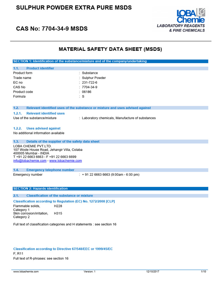 Extra Pure Sulphur Powder MSDS | PDF | Dangerous Goods | Toxicity