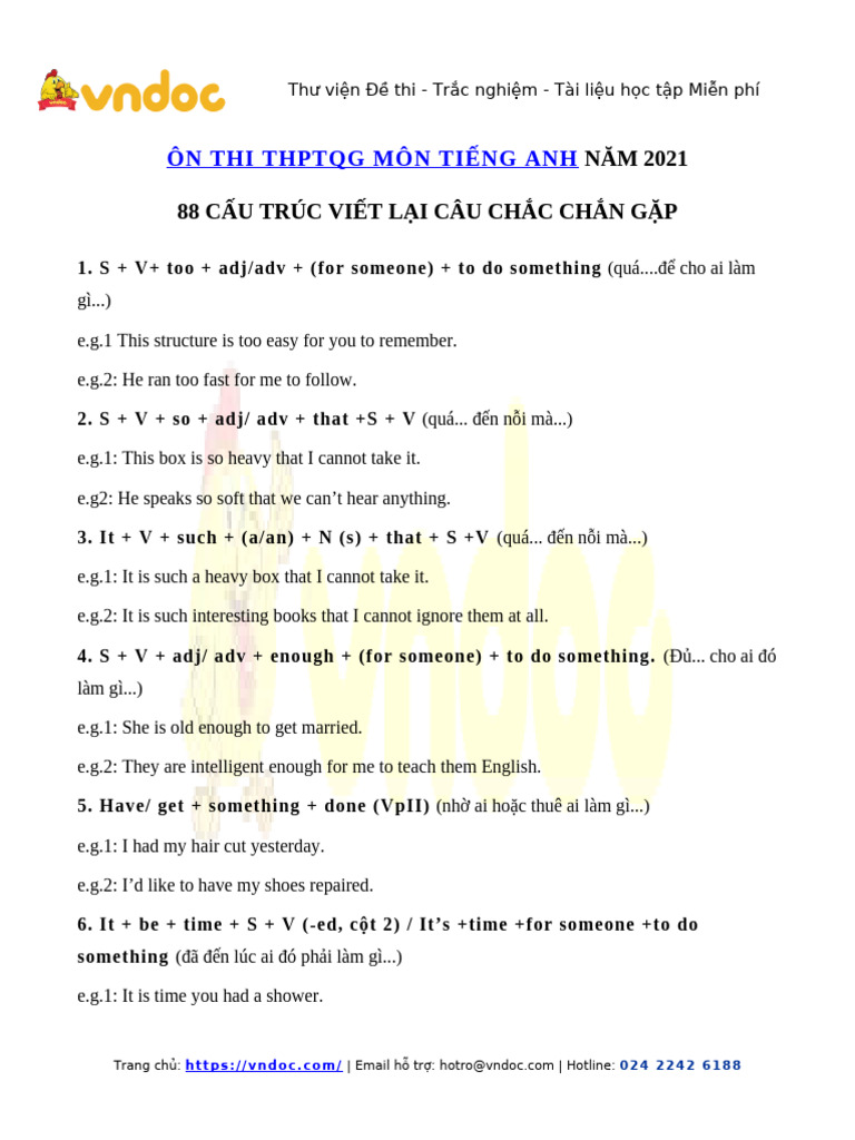 88 Cau Truc Tieng Anh Co Ban Thuong Gap o de Thi THPT Quoc Gia | PDF
