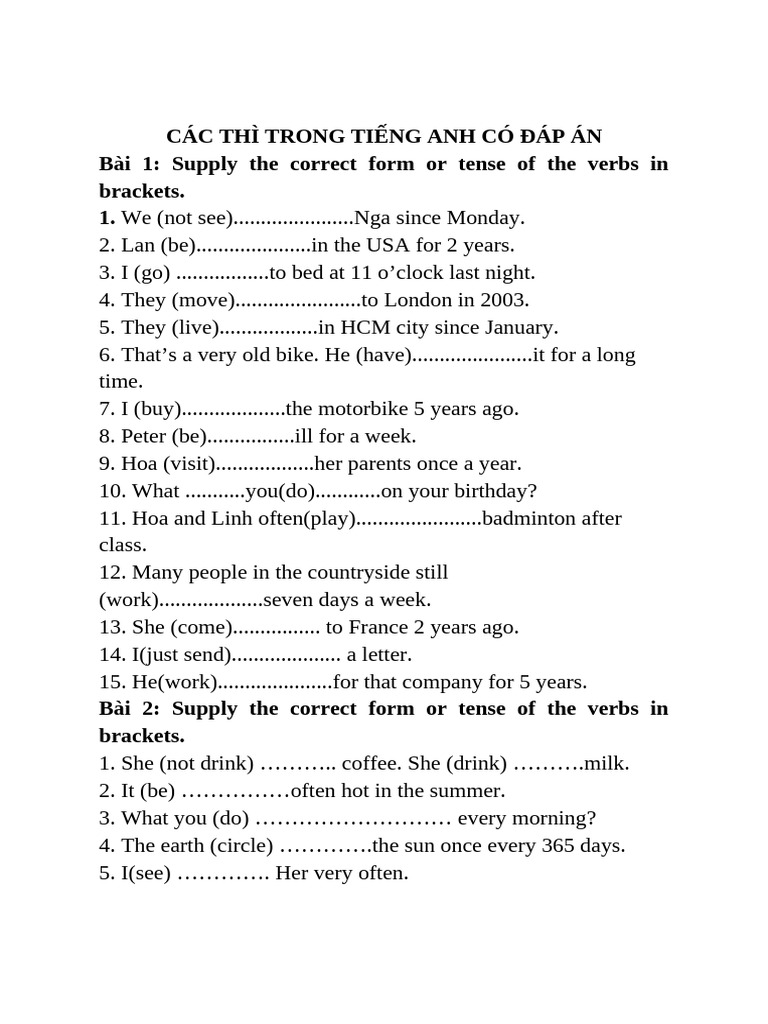 Bai Tap Tieng Anh Lop 8 Ve Cac Thi Trong Tieng Anh Co Dap An | PDF