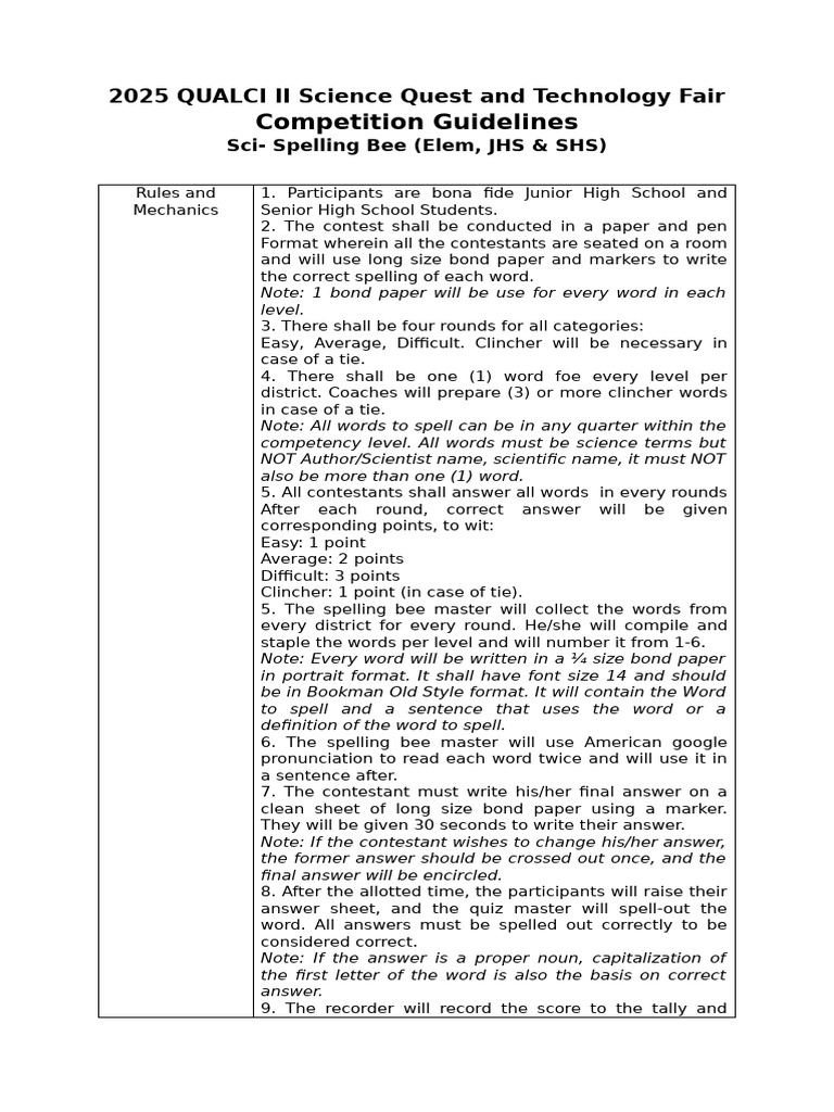 2025 QUALCI II Spelling Bee Guidelines | PDF