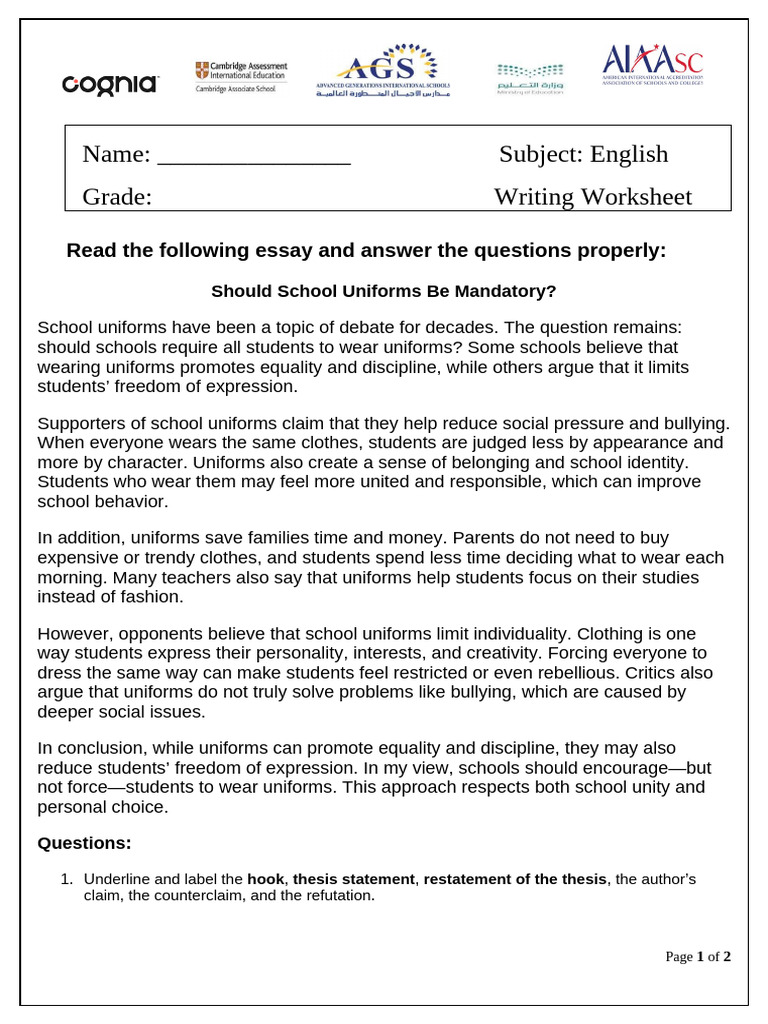 Argumentative Writing Worksheet | PDF | Essays