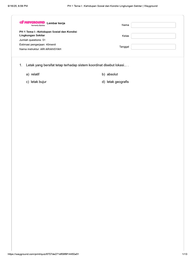 PH 1 Tema I _ Kehidupan Sosial dan Kondisi Lingkungan Sekitar _ Wayground | PDF