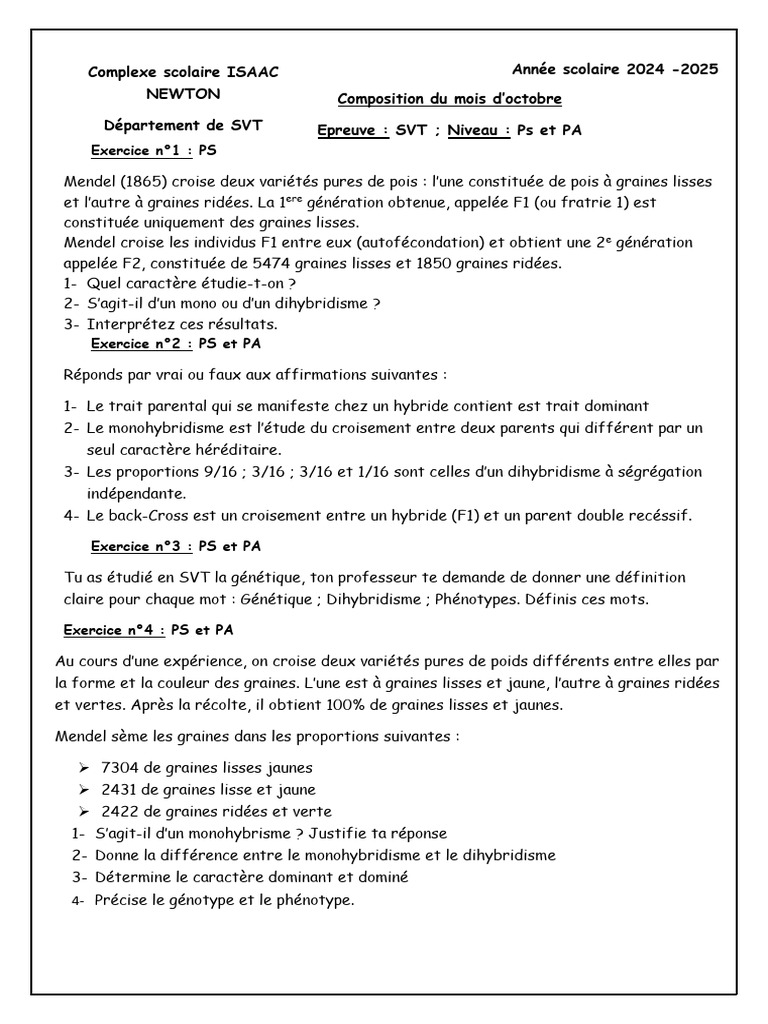 Exercice de génétique : monohybridisme et dihybridisme | PDF