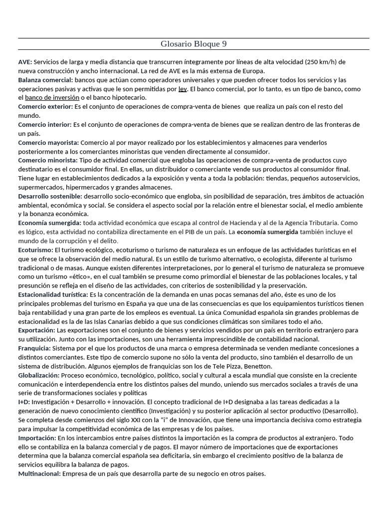 Glosario Bloque 9 | PDF | Turismo | Producto Interno Bruto