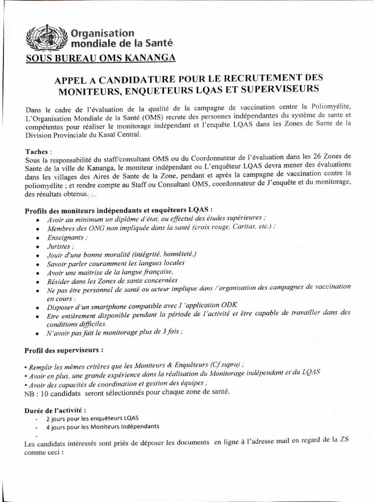 Appel à Candidature MI_LQAS ZS Urbaines_Kananga. | PDF