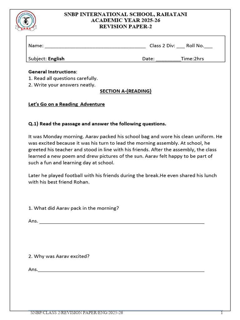 English General Instructions Section A - (Reading) Let's Go On A ...