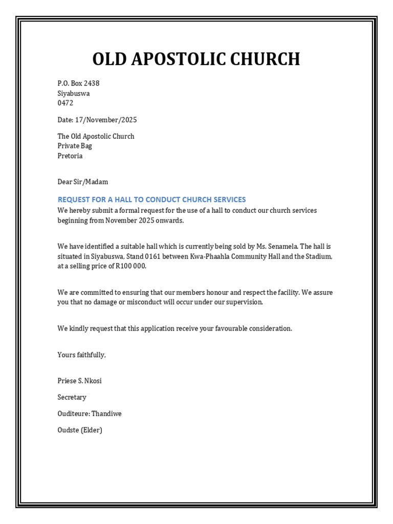 Request for Church Hall Use in Siyabuswa | PDF