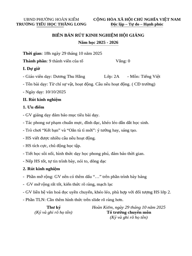 Khối 5 -BB Rút Kinh Nghiệm Lớp 2A LTVC (1) | PDF