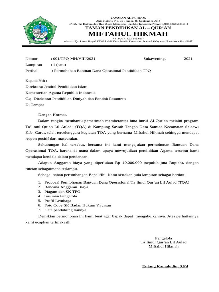 Permohonan Dana Operasional TQA Miftahul Hikmah | PDF