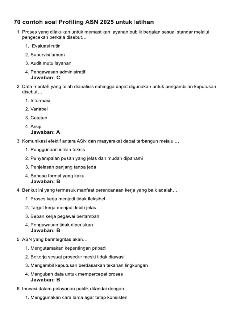 70 Contoh Soal Profiling ASN 2025 Untuk Latihan, Lengkap Dengan Kunci ...