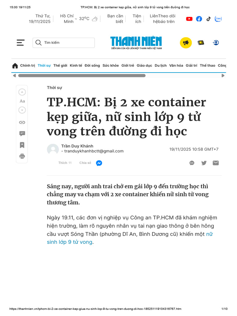 TP.hcm_ Bị 2 Xe Container Kẹp Giữa, Nữ Sinh Lớp 9 Tử Vong Trên Đường Đi Học | PDF