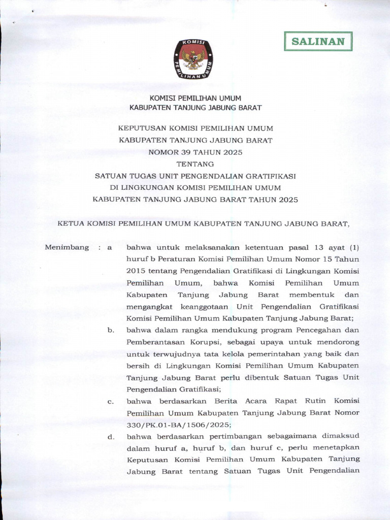 sk unit pengendali gratifikasi di satker kpu kabupaten | PDF