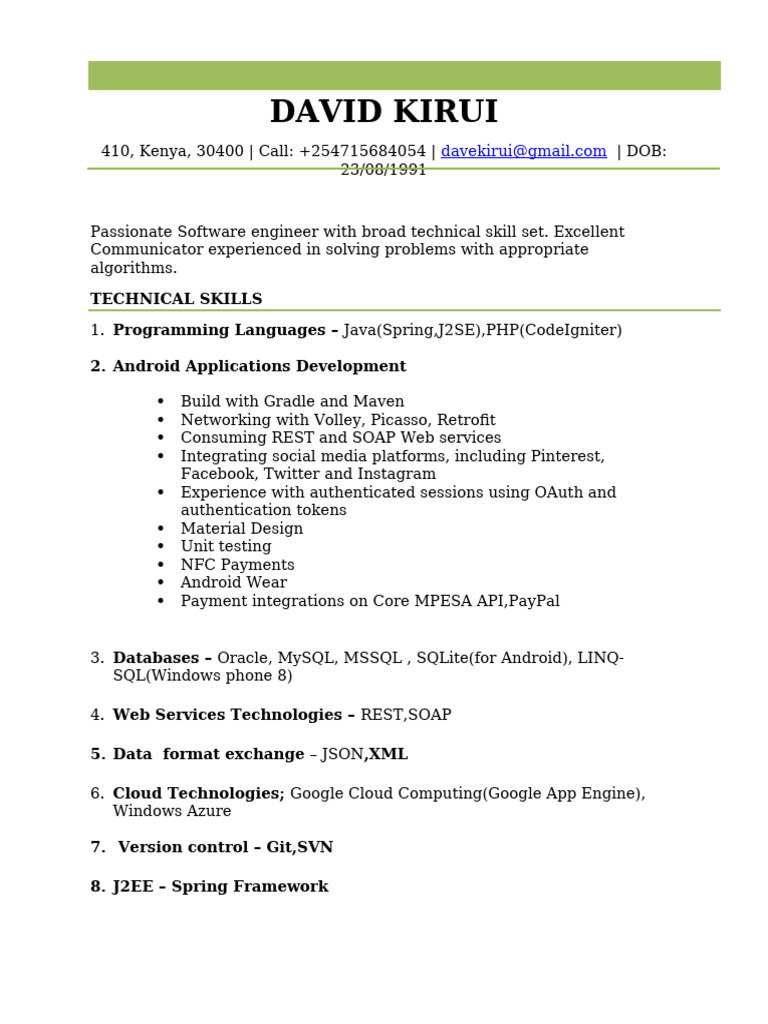 Software Engineer Profile: David Kirui | PDF | Web Service | Software ...