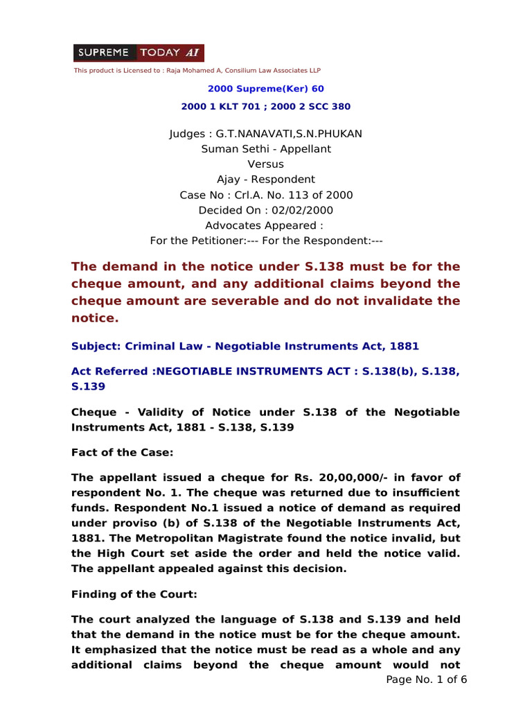 Suman Sethi vs Ajay 2000 Supreme Ker 60 | PDF | Cheque | Payments