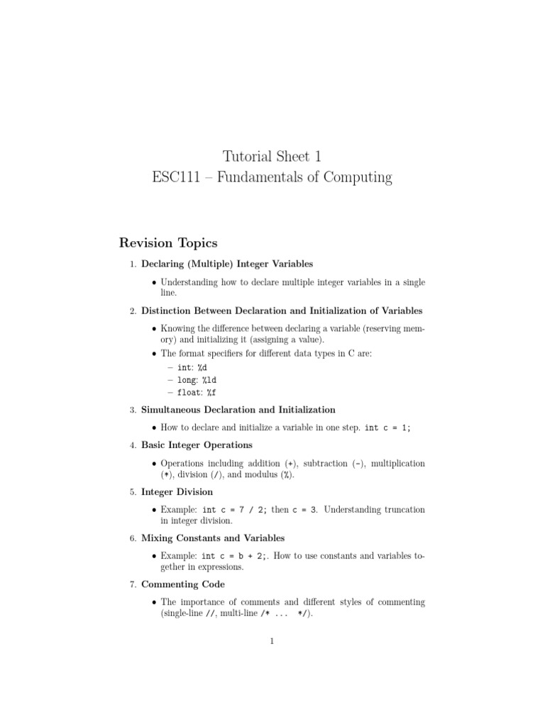 Esc Tutorial Sheet Week1 | PDF | Integer (Computer Science ...