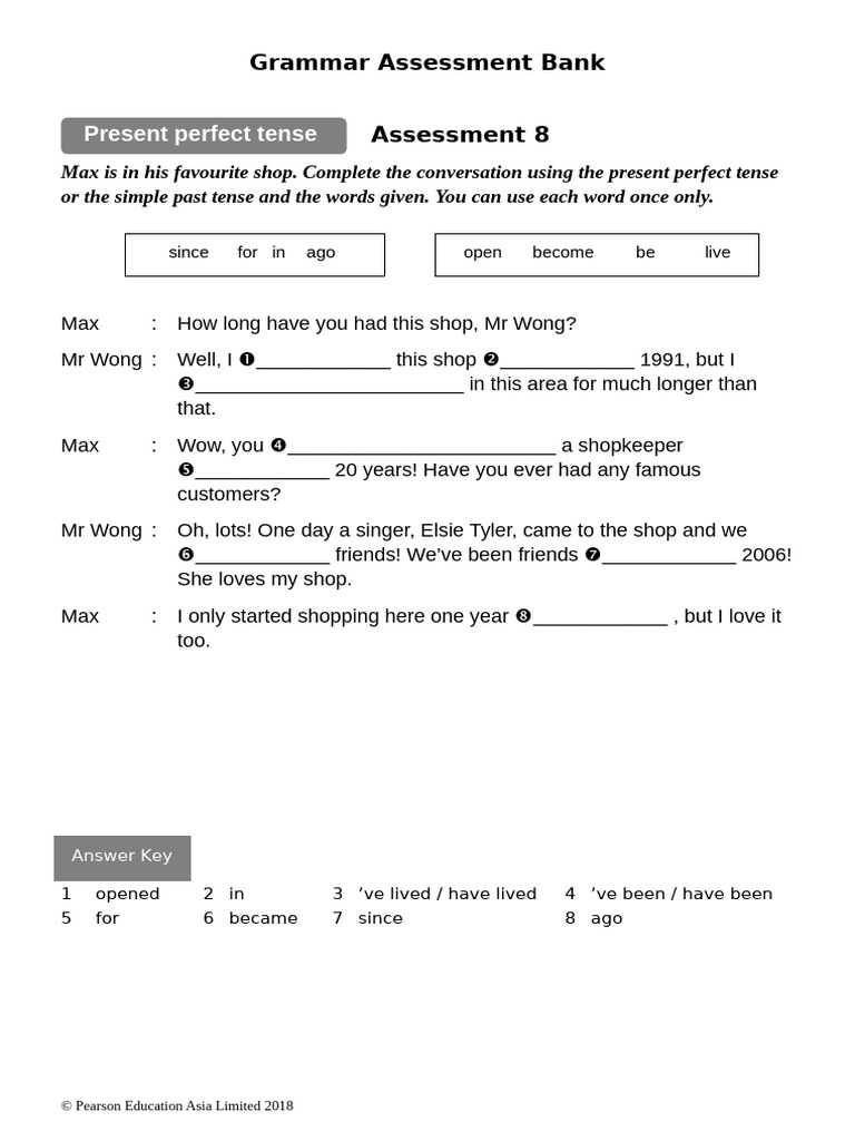 O - Present Perfect Tense - Assessment 8 | PDF