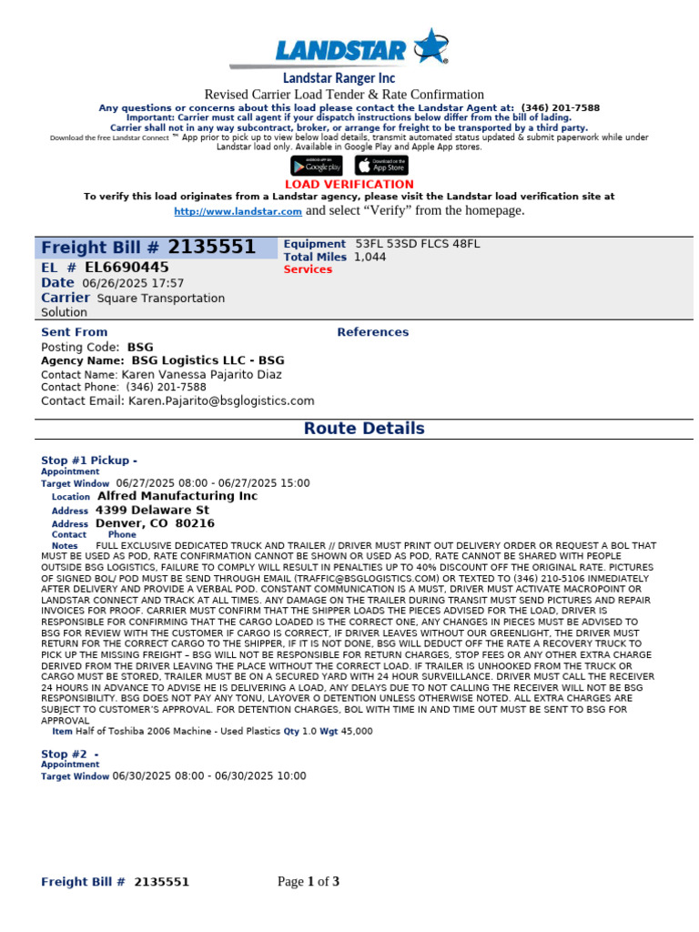 RevisedCarrierRateConfirmation EL6690445 | PDF | Cargo | Transport