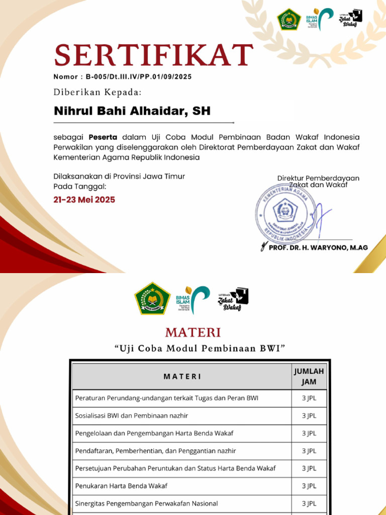 Sertifikat Uji Coba Modul Pembinaan (Jawa Timur)-Nihrul Bahi Alhaidar, SH | PDF