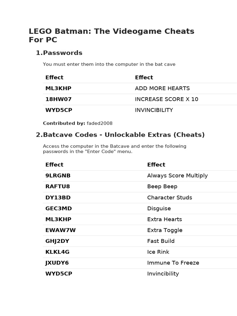 LEGO Batman PC Game Cheat Codes | PDF | Batman | Warner Bros. Franchises