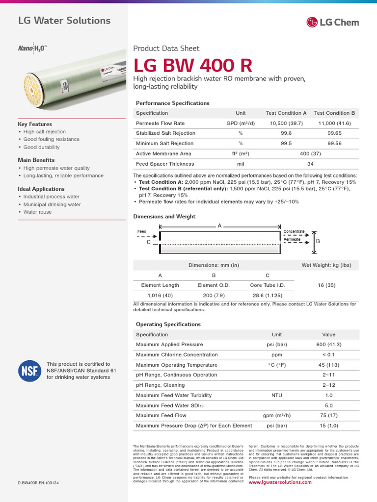 LG BW 400 R RO Membrane Specifications | PDF | Membrane | Sodium Chloride