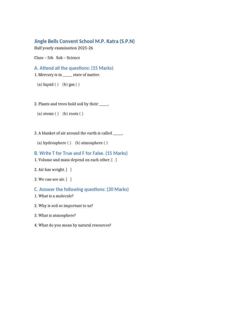 Class 5 Science Exam Paper 2025-26 | PDF