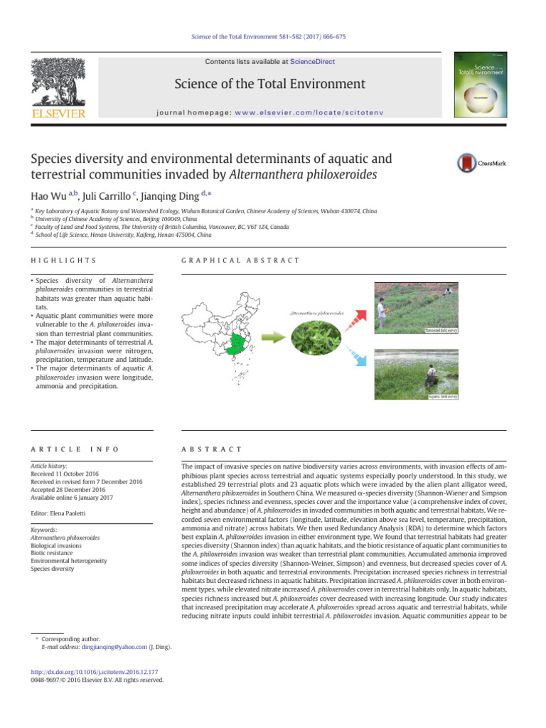 Species Diversity and Environmental Determinants of Aquatic and ...