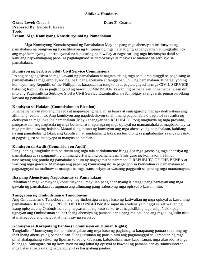 Sibika 4 Handouts | PDF