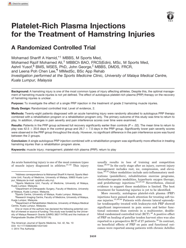 A Hamid Et Al 2014 Platelet Rich Plasma Injections For The Treatment of ...