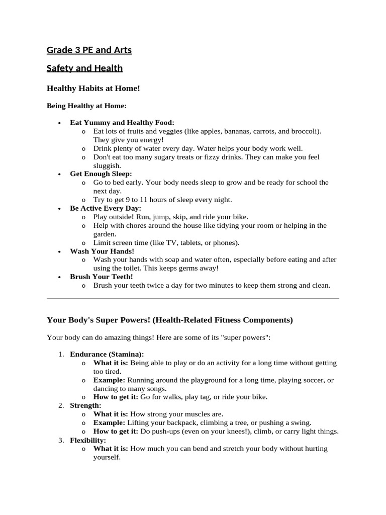 Grade 3 PE and Arts-Health and Safety | PDF | Flexibility (Anatomy)