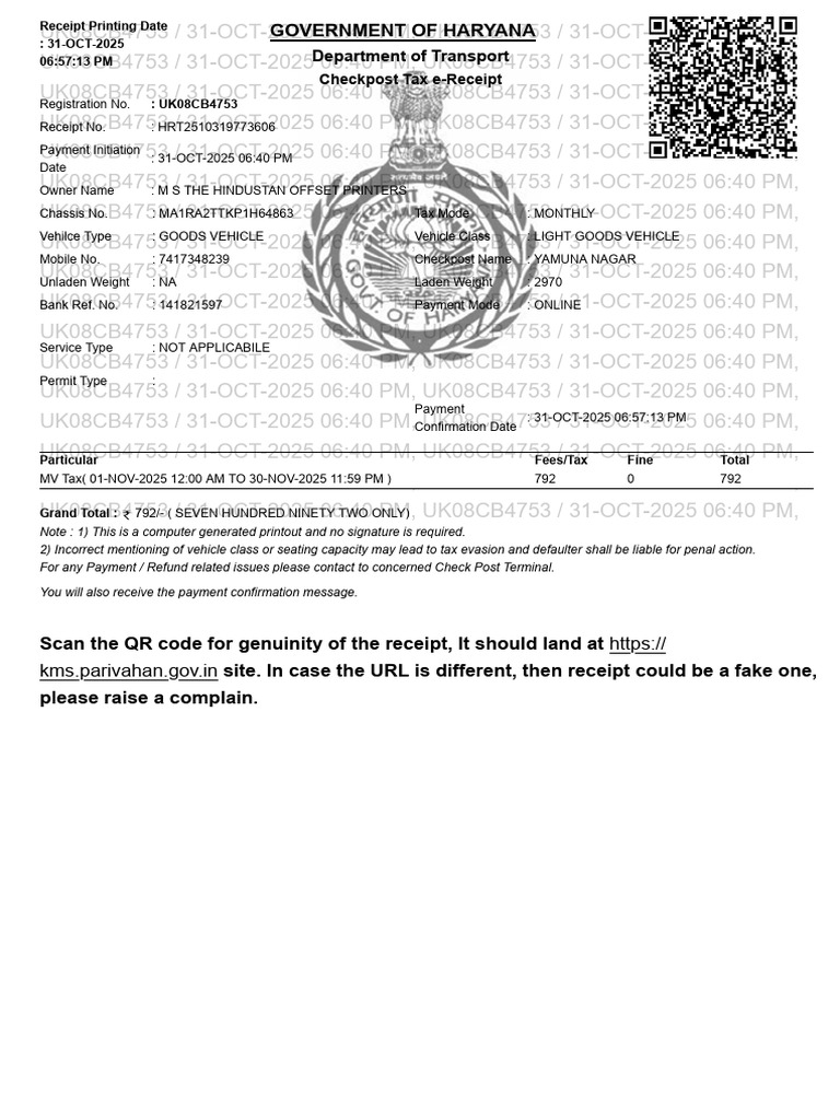 Haryana Checkpost Tax e-Receipt UK08CB4753 | PDF | Payments