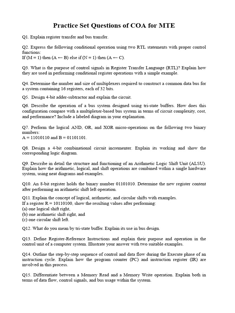 Practice Set Questions of COA For MTE | PDF | Central Processing Unit | Computer Architecture
