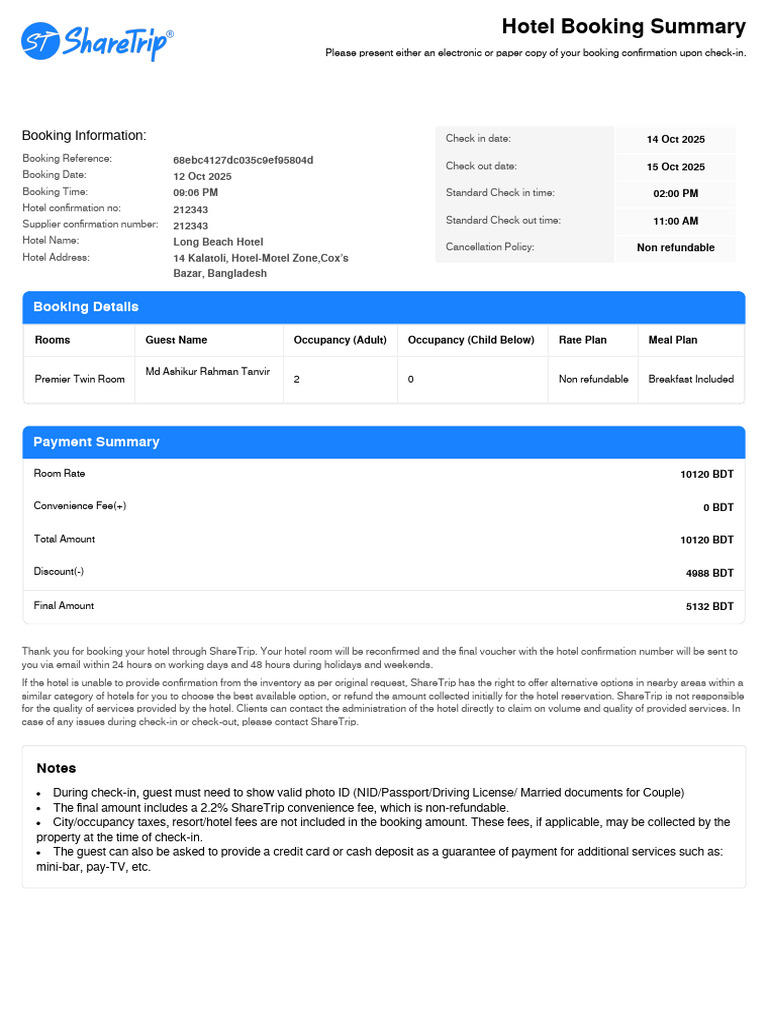 Confirmation For Booking Ref #68ebc4127dc035c9ef95804d | PDF | Fee ...
