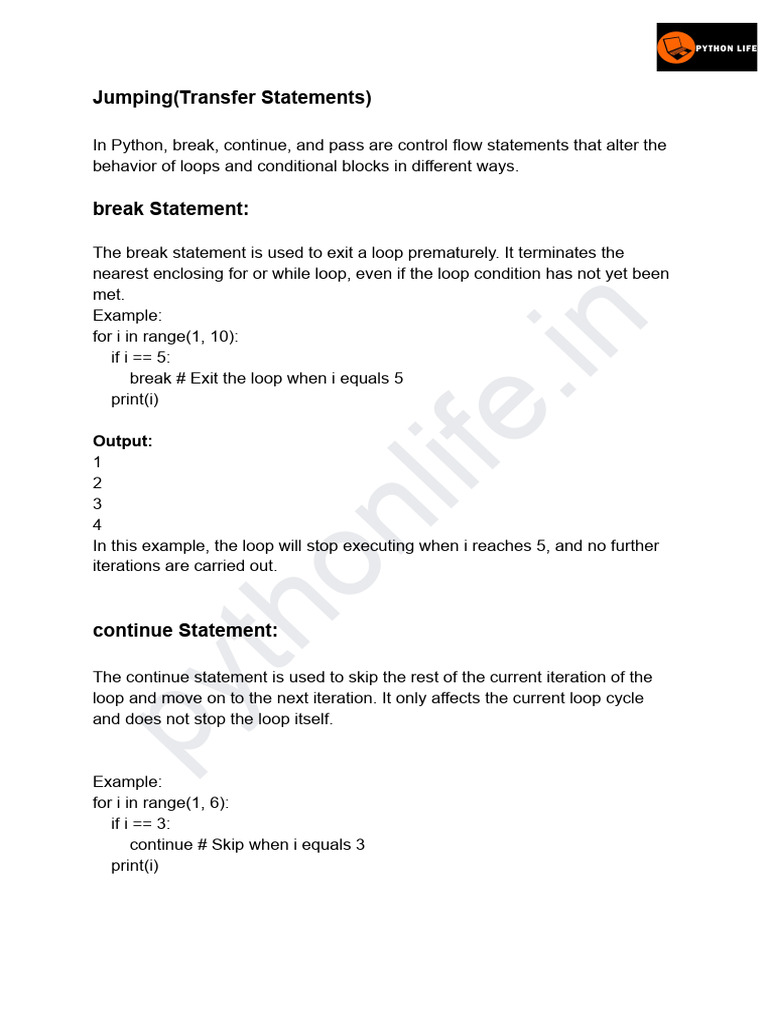 Python Control Flow: Break, Continue, Pass | PDF