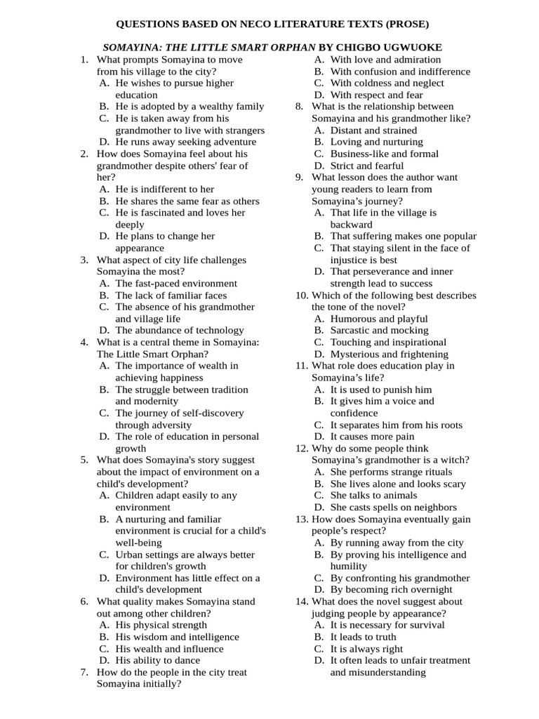 NECO Literature Exam Questions: Somayina & Stigma | PDF | Social Stigma ...